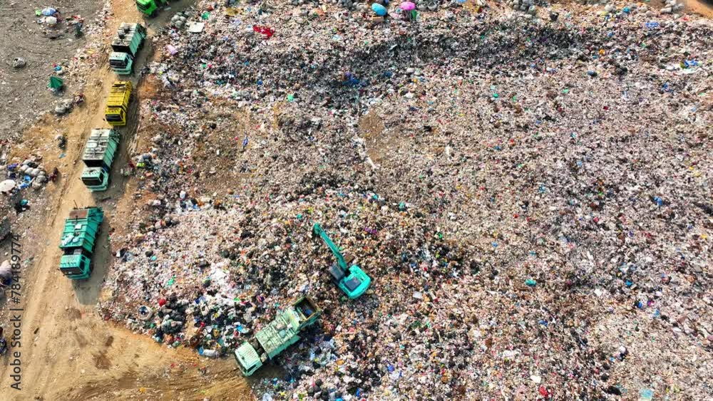 From above, a stark portrayal emerges: Landfill stretches vast, marked ...