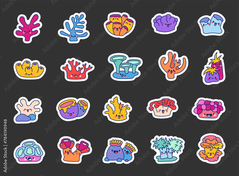Cute kawaii coral reef with funny face. Sticker Bookmark. Happy ...