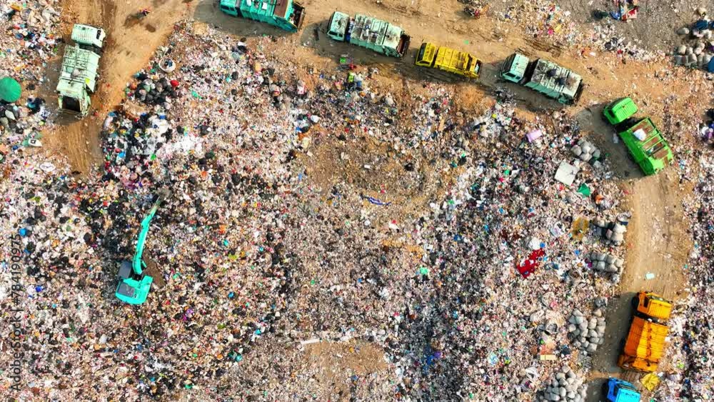 Stockvideo An overhead panorama unveils a sprawling landfill, a grim ...