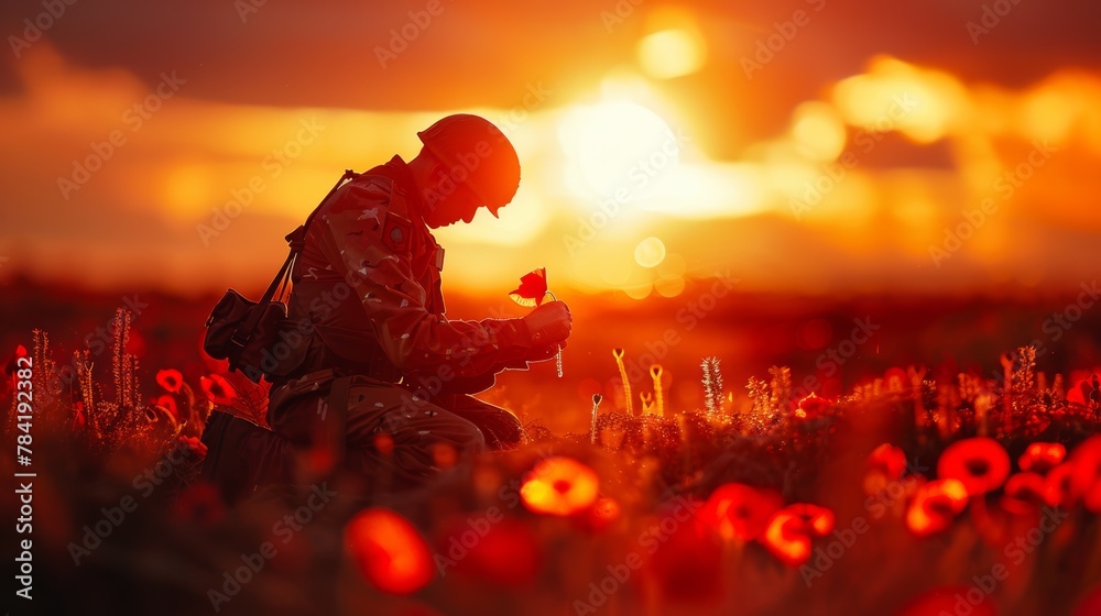 ANZAC, Remembrance Day Celebration.A lone soldier kneeling with their ...