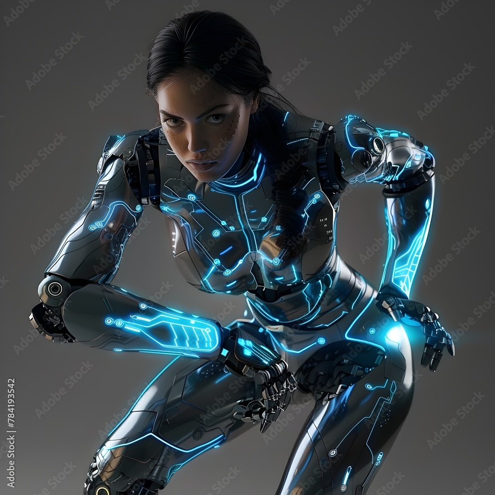 Cybernetically Enhanced Female Warrior Posing with Luminous Robotic ...