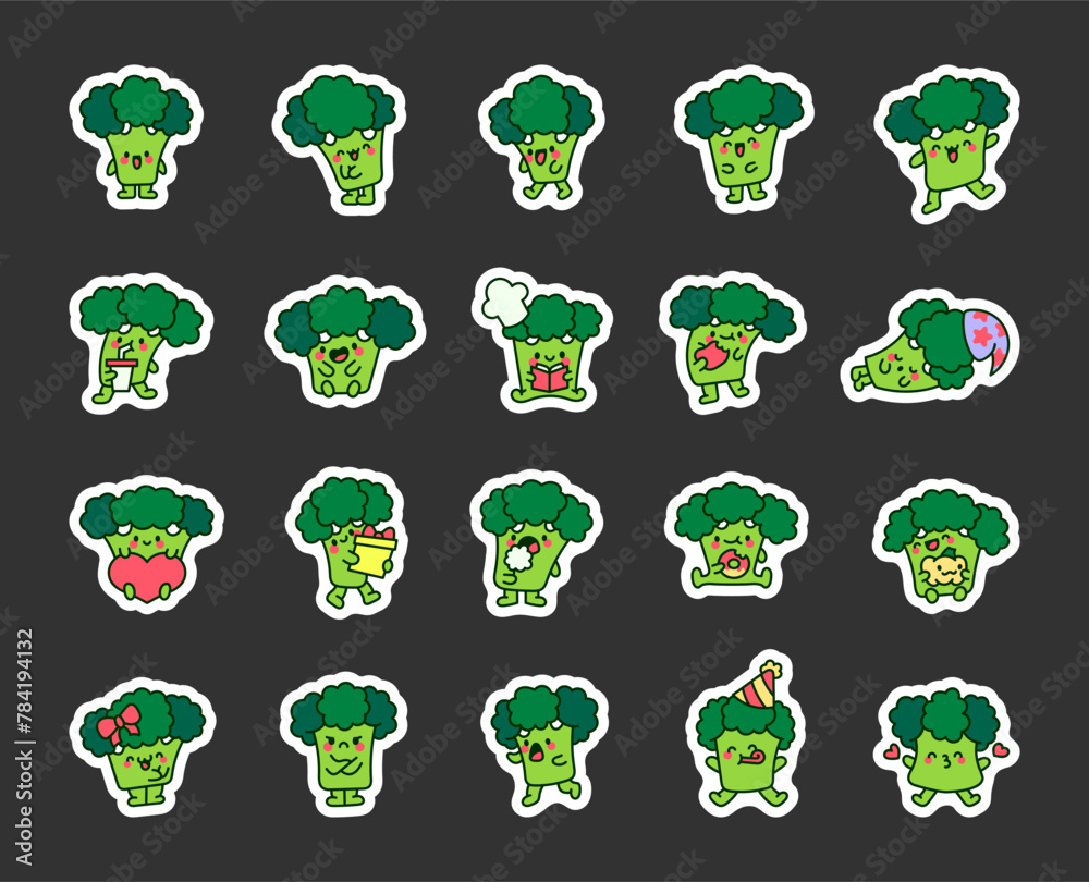 Cute kawaii broccoli character. Sticker Bookmark. Funny cartoon food ...