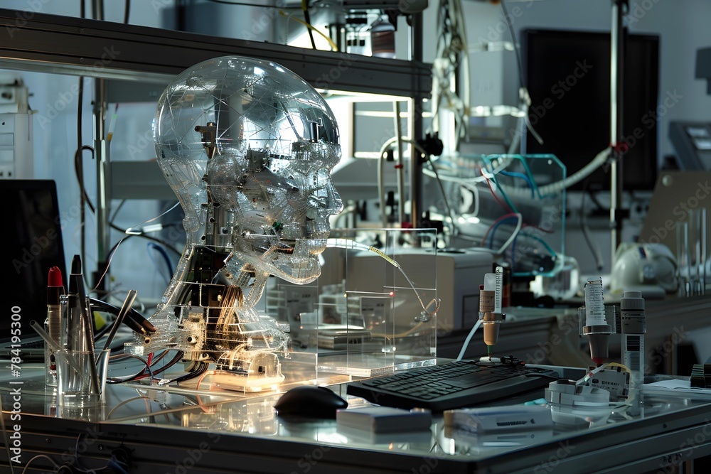 A computer lab with a large head on a table. The head is made of glass ...