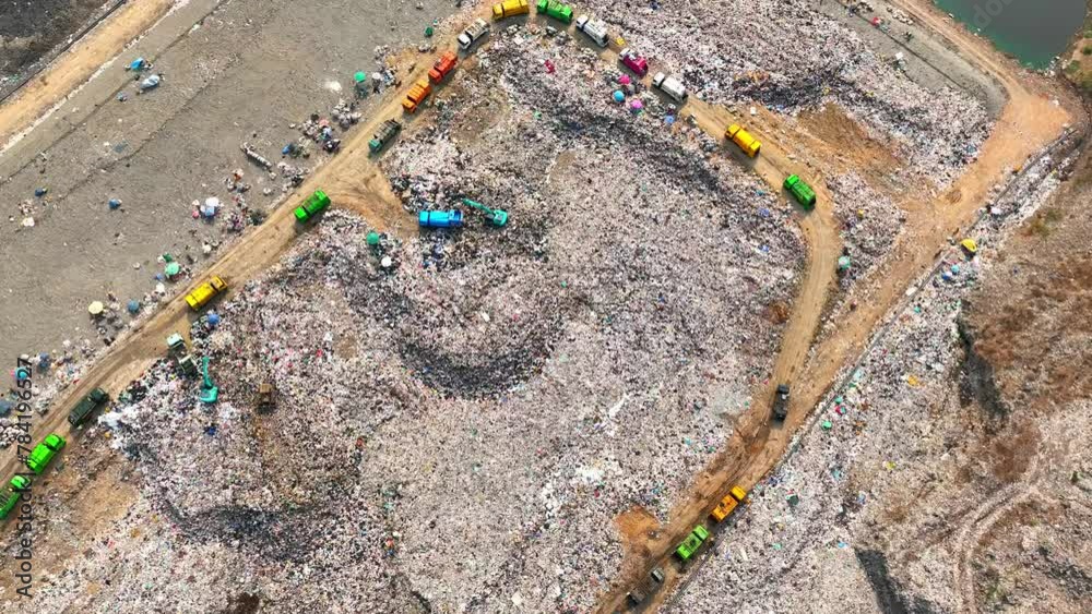 An aerial over the harsh truth: Landfill landscape marred by towering ...