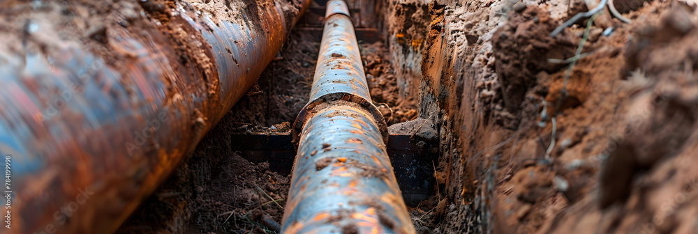 Metal pipe in trench, pipeline construction in ground, old underground ...