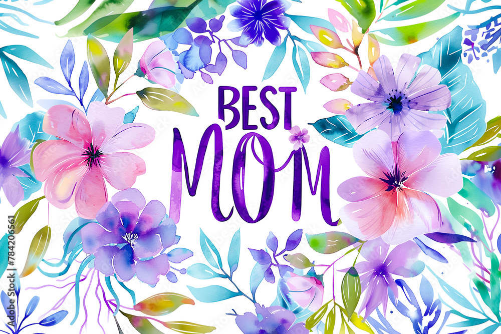 Watercolor handwritten text Best Mom with beautiful purple, pink ...