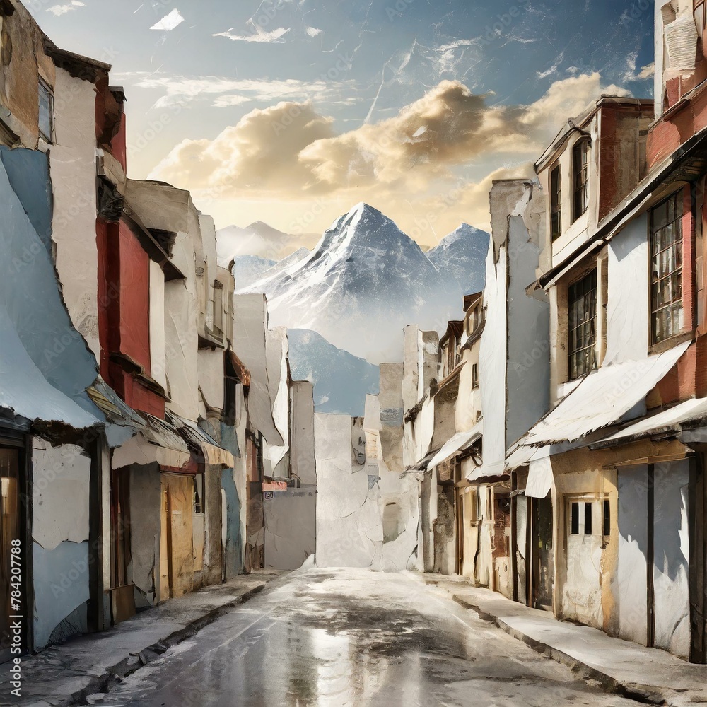 street in the old town.a white paper ripped torn background ...