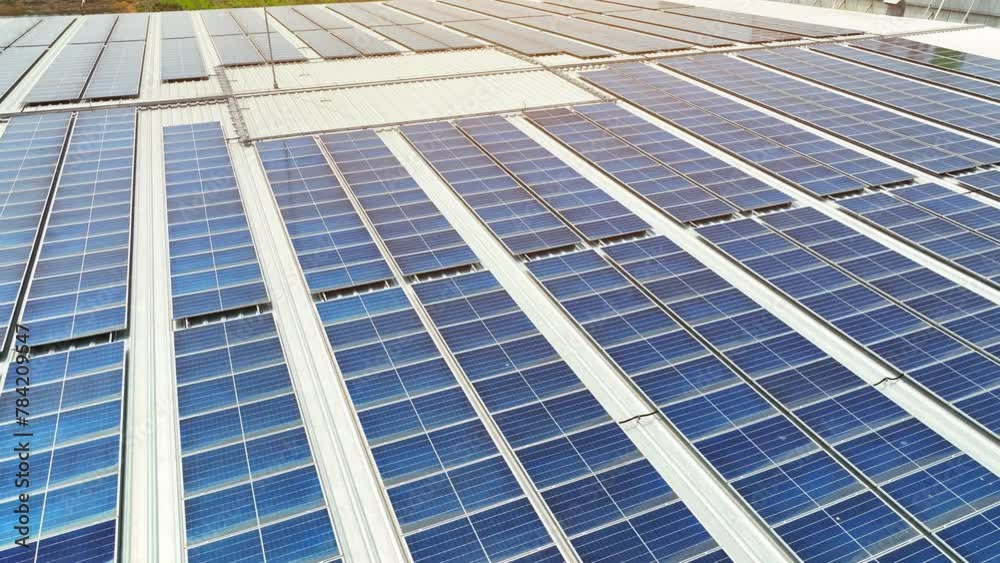 Green innovation: Neatly aligned blue solar panels cover the rooftop ...