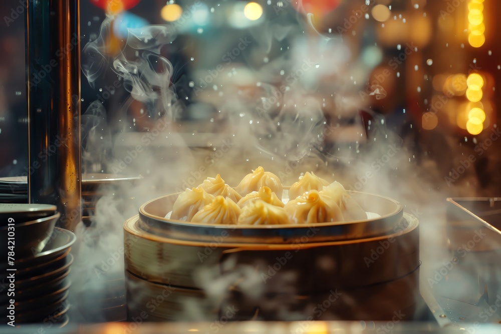 Highdefinition image of floating dim sum enveloped in steam, featuring ...