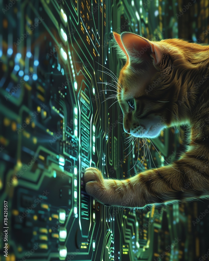 A cat navigating a virtual maze of codes and circuits, illustrating the ...