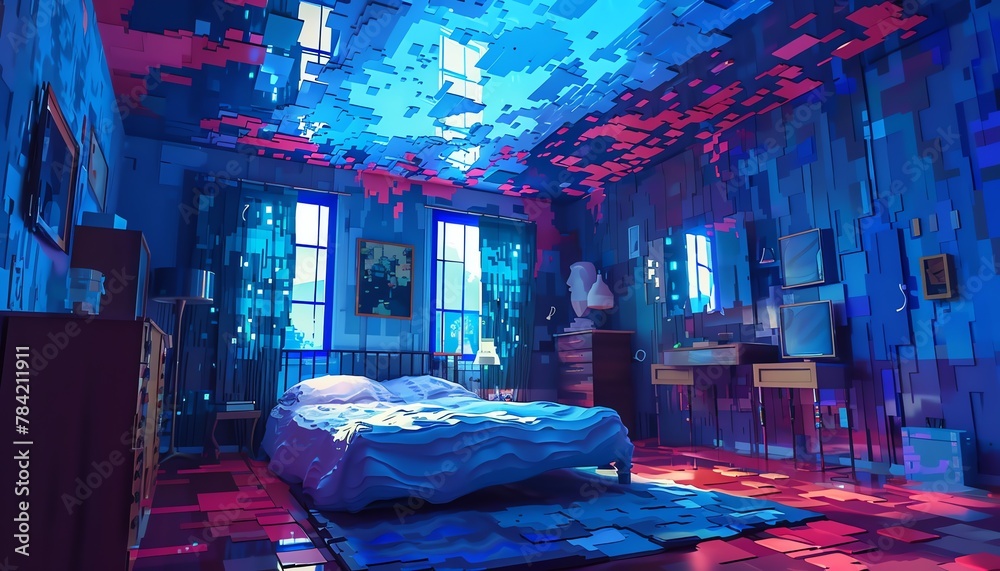 Illustrate a digital pixel art bedroom that defies gravity, where ...