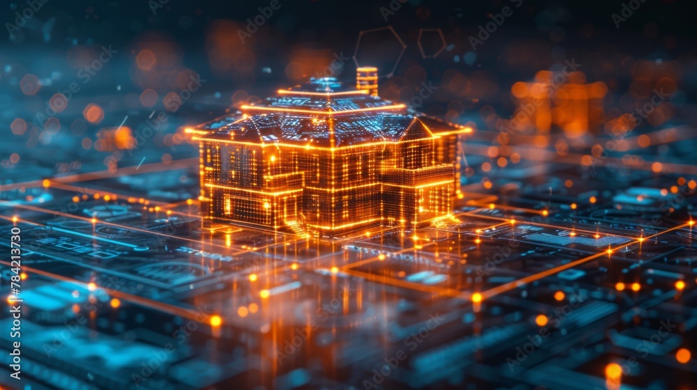 House hologram floating over a digital blueprint, envisioning the ...