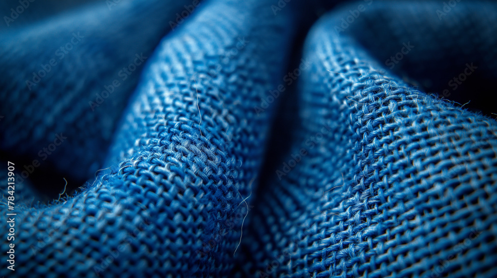 Abstract fabric texture background, close up picture of purssian blue color thread, macro image ...