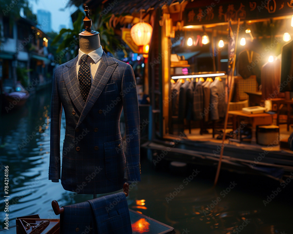 Groom suit on mannequin, floating market backdrop, tailor s detailed ...