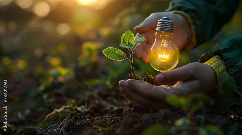 renewable energy light bulb with green energy, Earth Day or environment ...