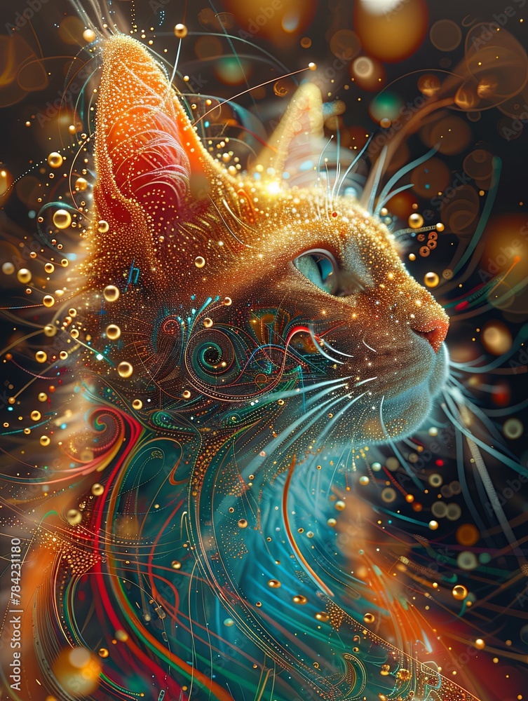 Enchanting Fantasy Cat in Lemon Green and Cherry Red with Cosmic Gold ...