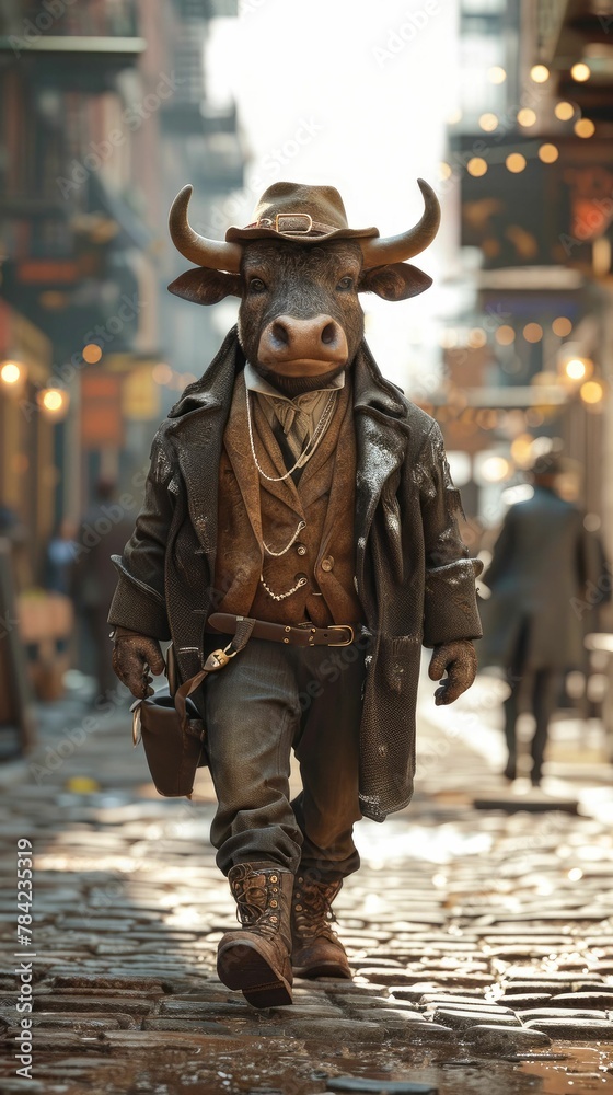 Suave bull roams the city streets in tailored elegance, epitomizing ...