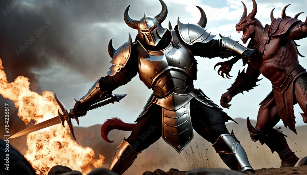 Dramatic digital art depicting an epic battle scene between armored ...