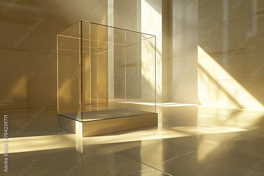 An elegant 3D scene with a glass showcase in the center, illuminated by ...