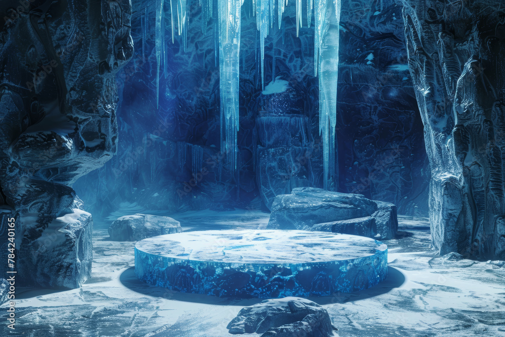 Ice Cave Podium: A 3D scene with a podium set inside an ice cave. The ...