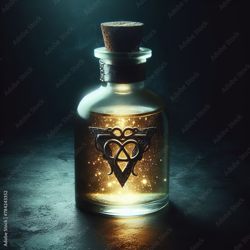 Mysterious potion bottle glowing with an ethereal light, featuring a ...