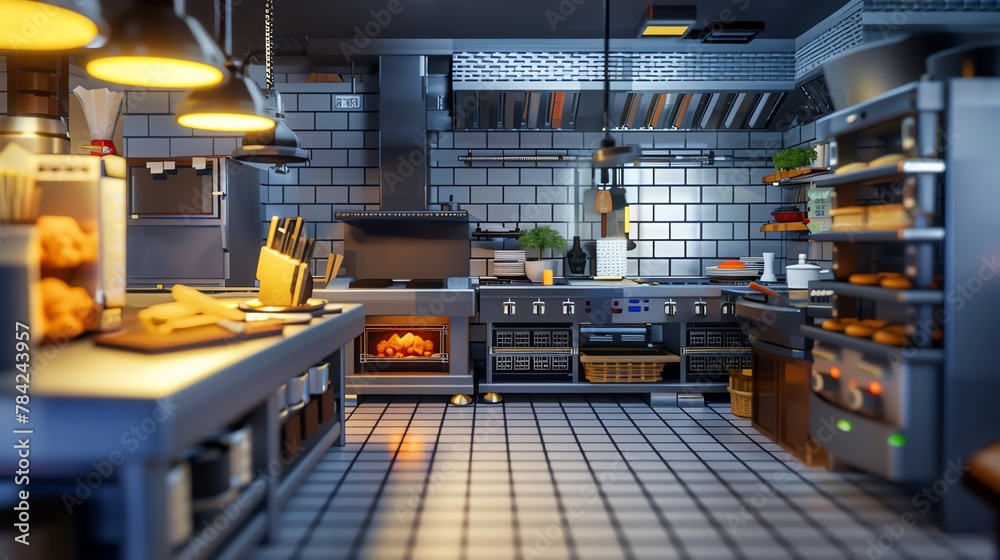 Illustrate a 3D rendering of a chefs kitchen in voxel art style ...