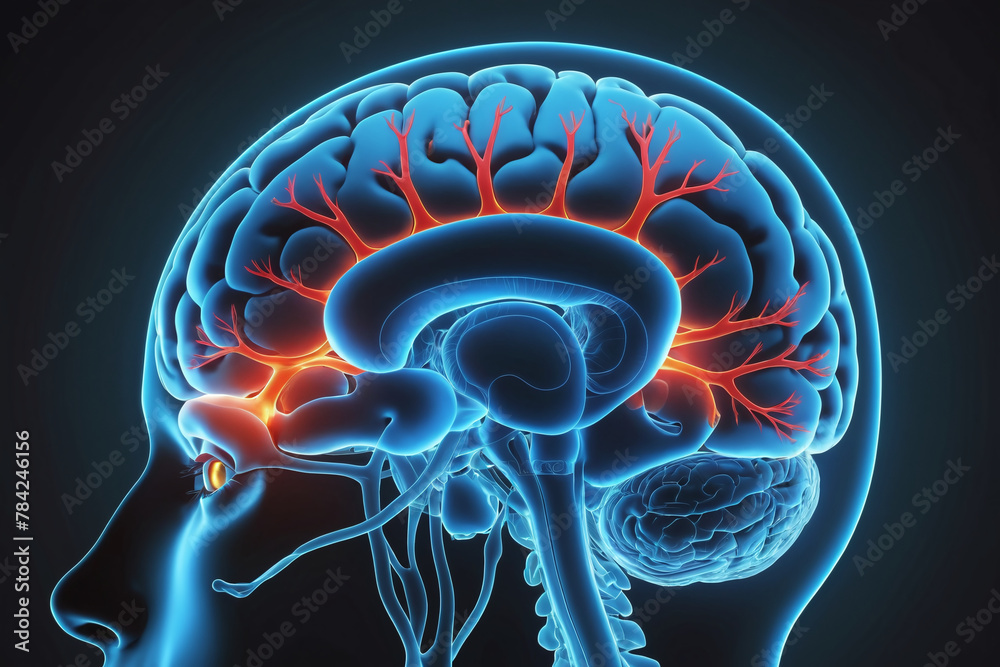 The X-ray of the human brain. X-ray profile close-up view 3D rendering illustration with body ...