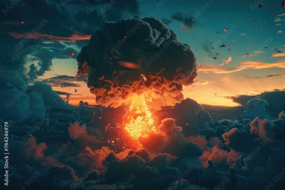 Apocalyptic explosion with mushroom cloud amidst clouds at sunset ...
