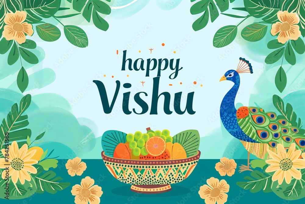 flat illustration for Vishu holiday with a bowl of fruit, peacock ...
