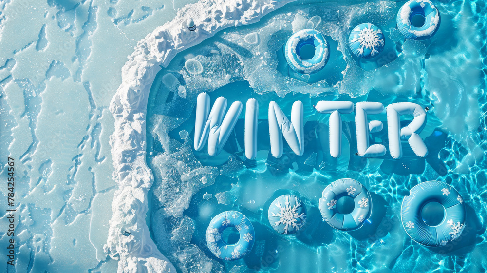 Winter season background with iced water with winter word written with ...