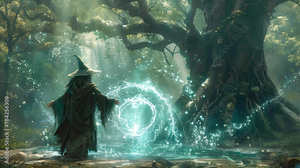 Wizard Summoning Water Vortex in Mystical Ancient Forest Spectacle of ...