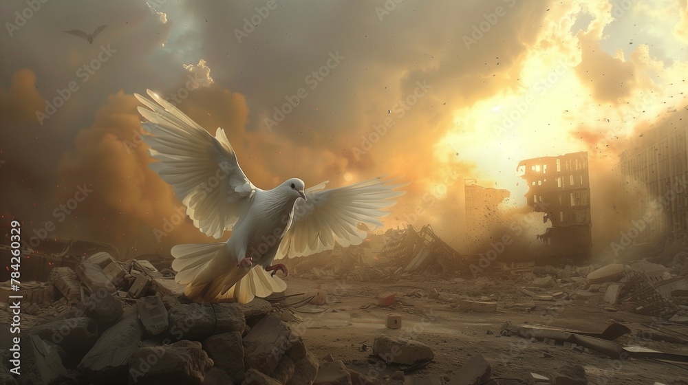 An evocative image depicting a white peace dove in flight, symbolizing ...