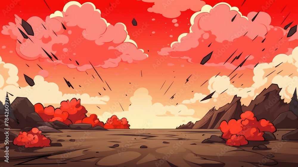 2d cartoon background red bomb explosion clouds over destroyed burnt ...
