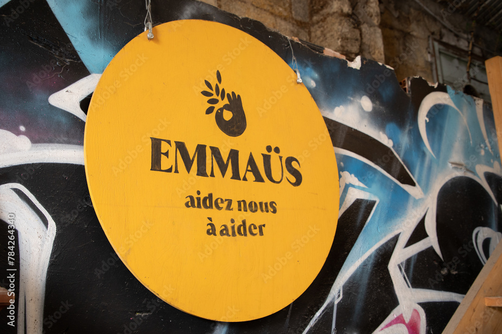 Emmaus logo text and brand sign on store solidarity movement shop ...