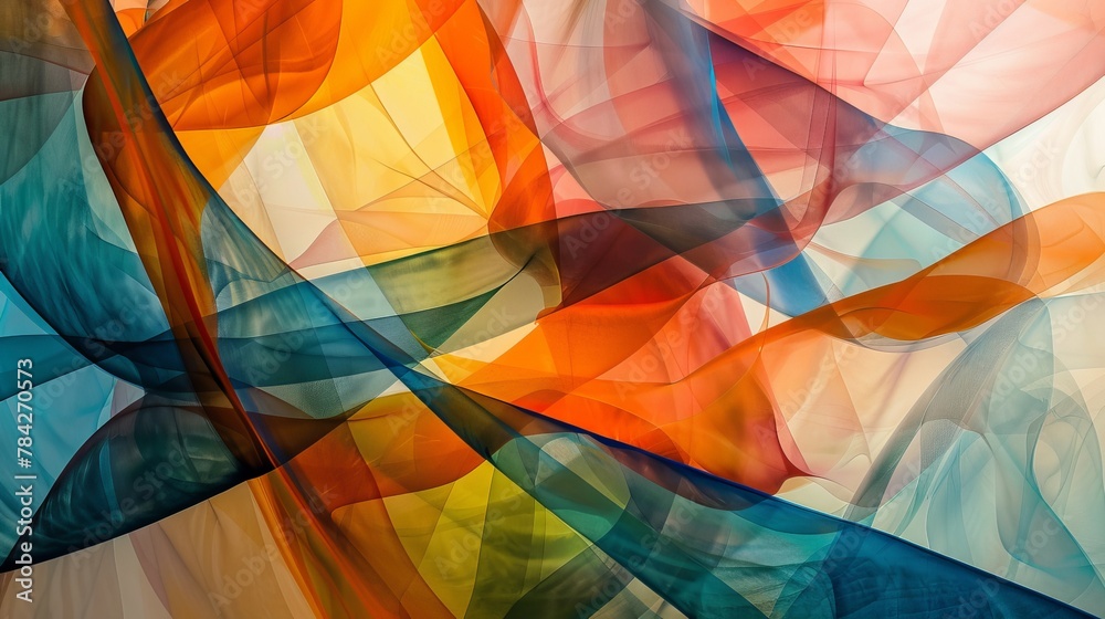 Layers of translucent shapes, their colors and sizes creating a complex ...
