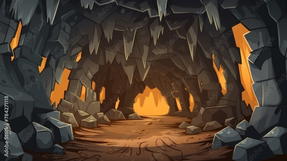 Mine tunnel inside view, cave with railway, rocks,. Cartoon background ...