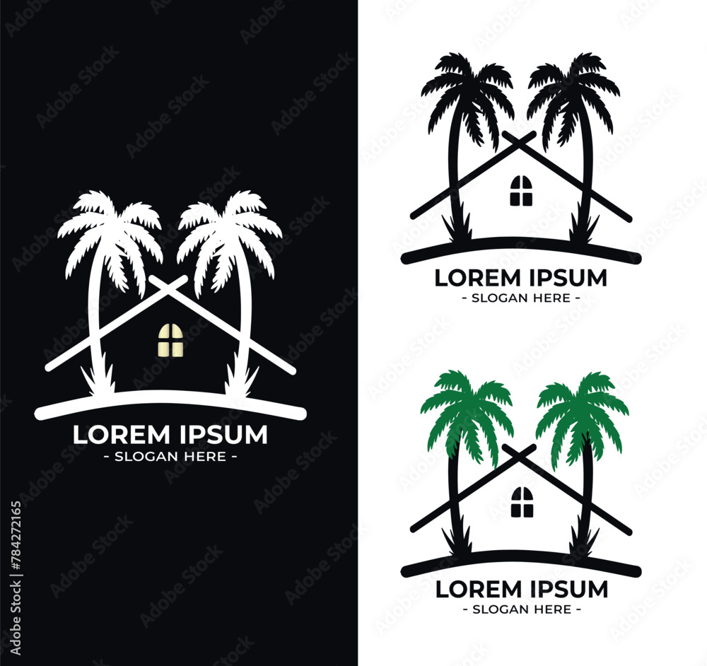 beach hotel logo vector. house logo design template with palm trees ...