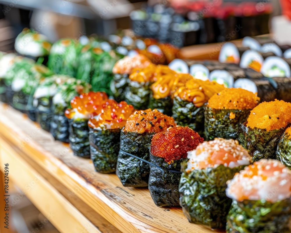 Vibrant display of various types of onigiri (rice balls) each wrapped ...