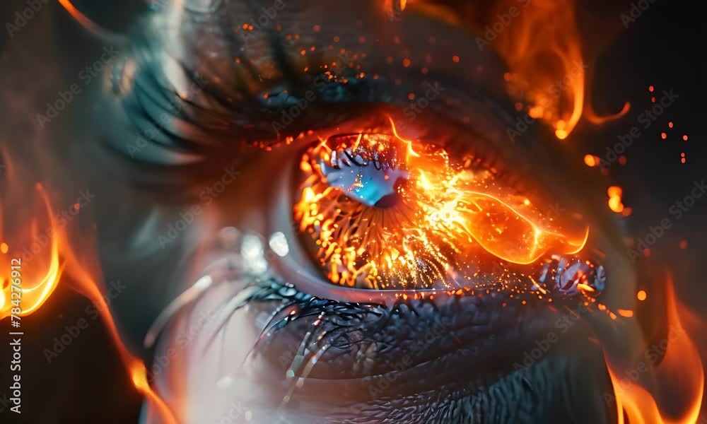 Fiery Gaze, Abstract Human Eye with Flames on Black Background, Evoking ...