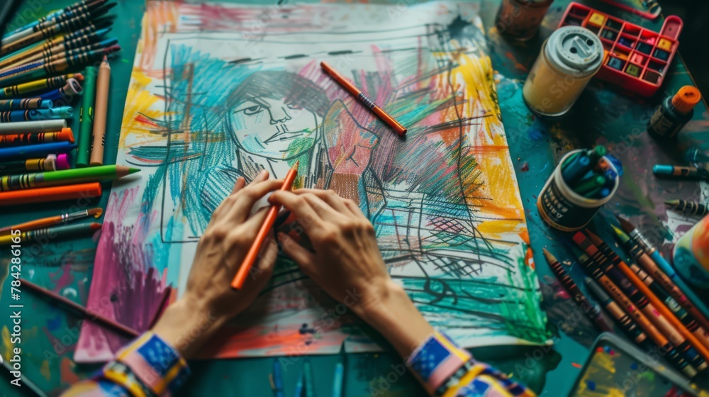 Kidult drawing with colorful pencils, creativity art therapy concept ...