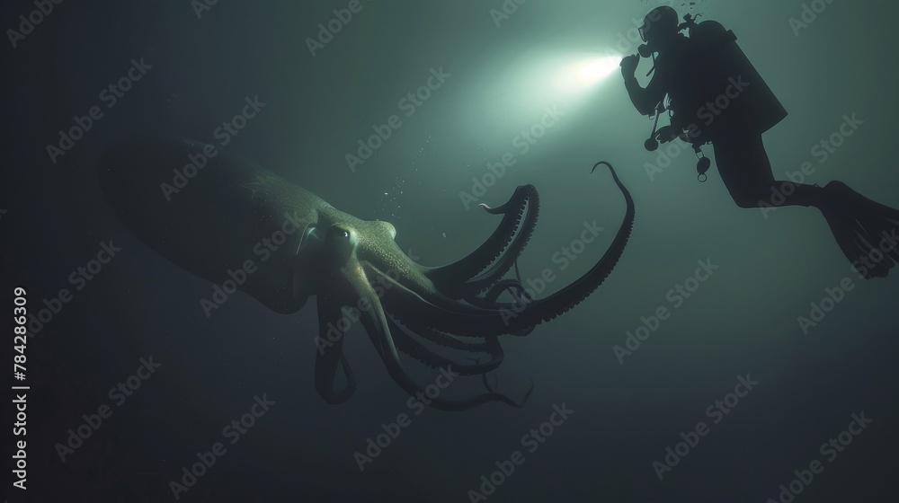Giant squid in deep ocean waters with scuba diver illuminating the ...