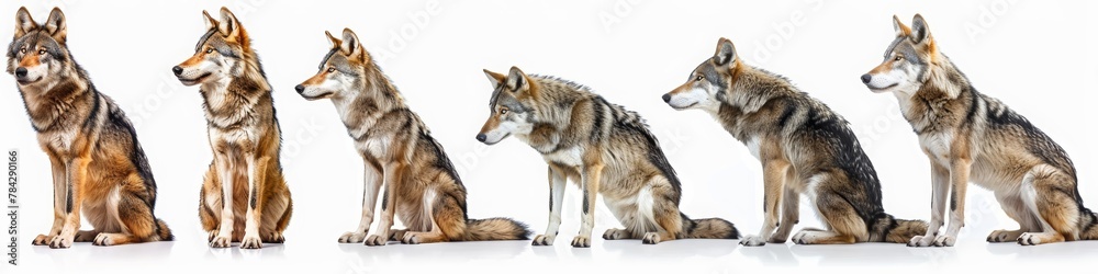 Set of grey wolf in different poses, sitting and howling on white ...
