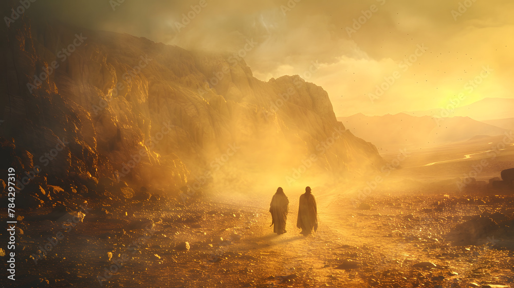 The road to Emmaus scene, with two disciples walking with Jesus ...
