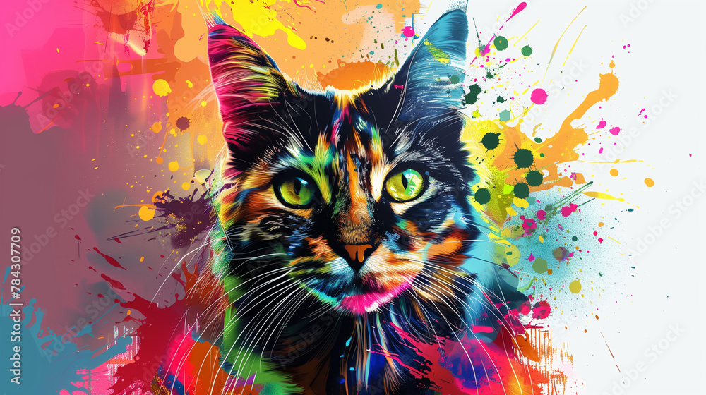 Vivid design of cat portrait with paint splashes. Colorful print design ...