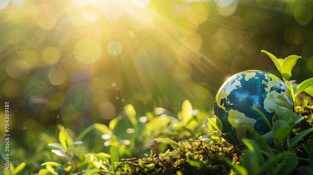 Green forest with the Earth global planet that tree growing from inside ...