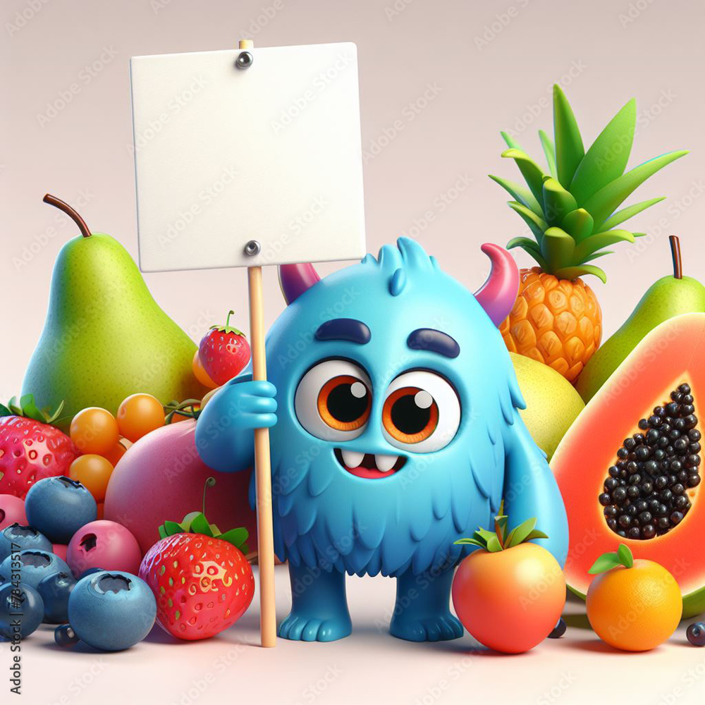 cute monster holding up a blank sign, colorful cartoon character, empty ...