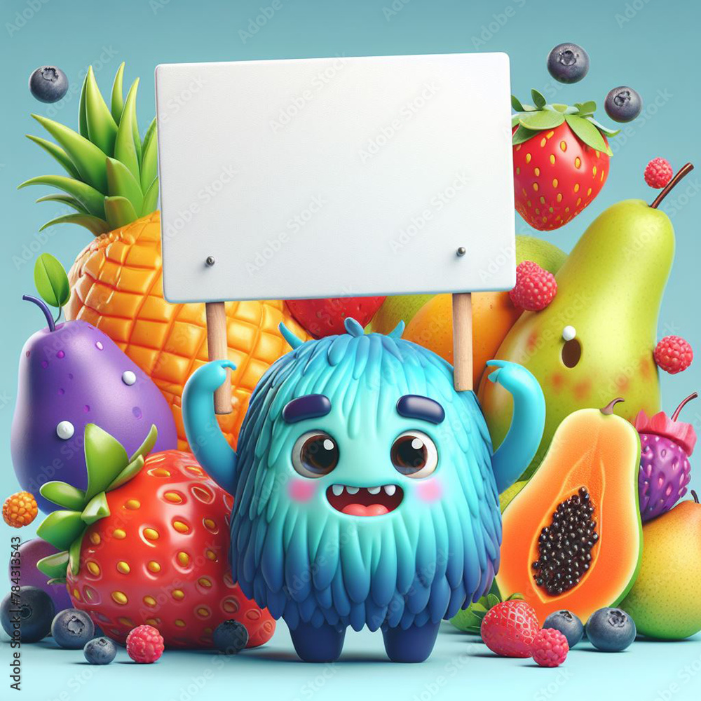 cute monster holding up a blank sign, colorful cartoon character, empty ...