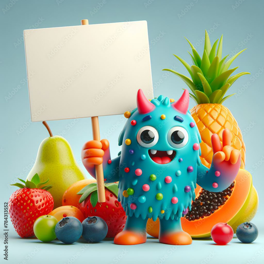 cute monster holding up a blank sign, colorful cartoon character, empty ...