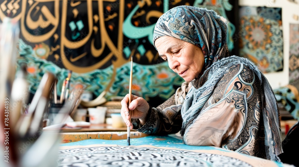 An artist in her studio, painting Islamic calligraphy that weaves ...