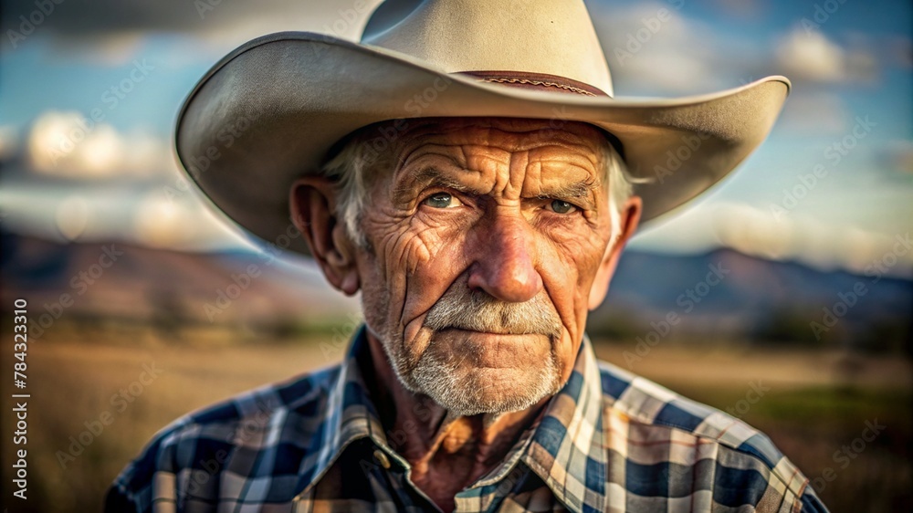 An old man in a cowboy hat, a portrait of an old cowboy with an ...